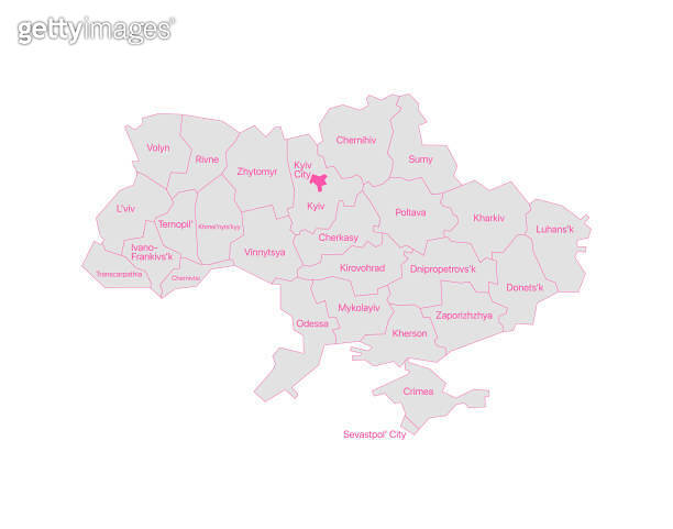 Ukraine map with regions and their names 이미지 (1382178993) - 게티이미지뱅크