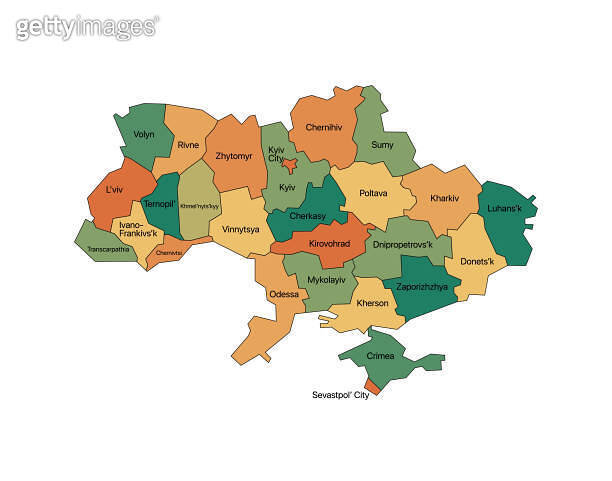 Ukraine map with regions and their names (1382177883) - 게티이미지뱅크