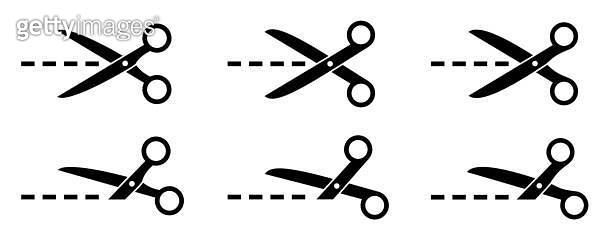 Scissors Icon set. Cutting scissors with cut lines symbols. Cut here ...