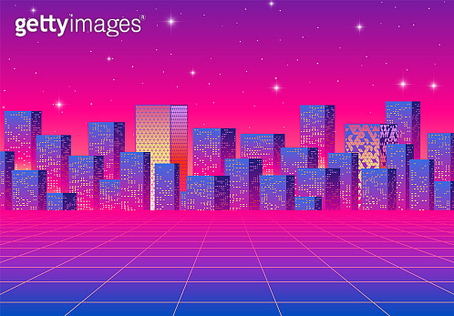 Neon city landscape with synthwave or 80s style. Abstract skyline ...