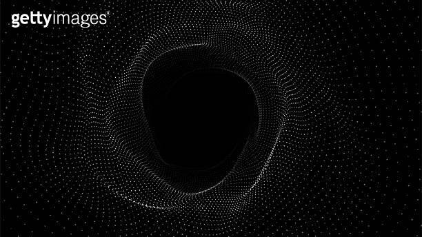 Abstract dynamic wireframe tunnel on black background. Deep wavy ...