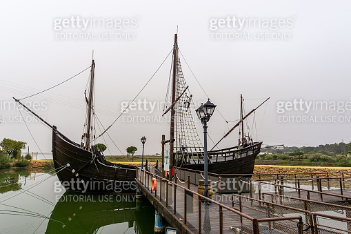 view of the historic Pinta sailing ship with traditional rope rigging ...
