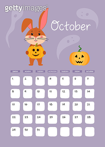 A3 Page of wall calendar for October 2023. Cute brown rabbit or Bunny ...