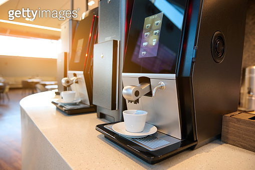 Close-up of a self-service steam coffee machines in a VIP lounge ...