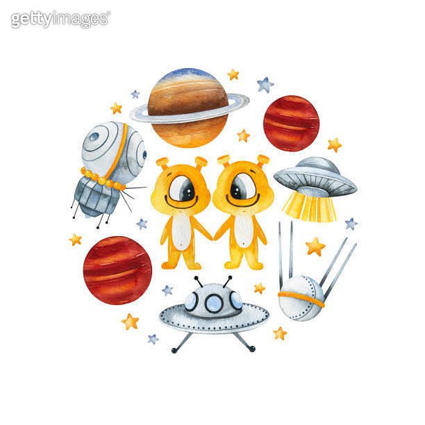 Watercolor vet frame border with cute aliens (1372943985) 일러스트, 무료 일러스트 ...