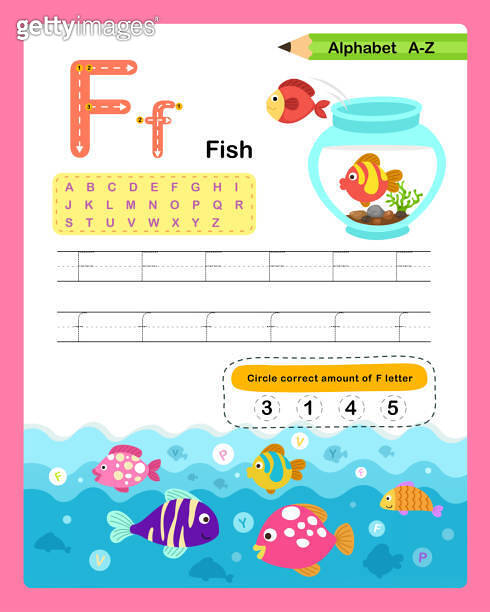 Alphabet Letter F - Fish exercise with cartoon vocabulary illustration ...