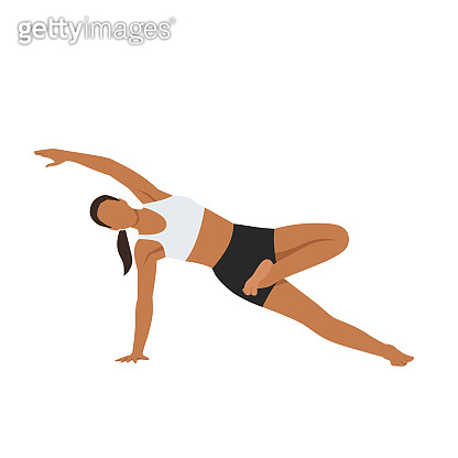 Woman doing Kasyapasana side plank with bound half lotus exercise. Flat ...