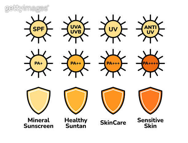 Sunscreen SPF labels for sunblock cosmetic packages. Linear style ...