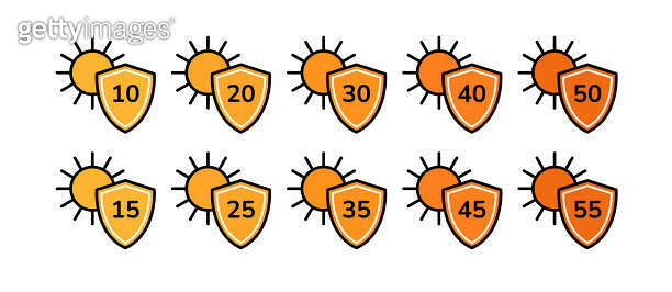 Sunscreen SPF sign label icon set for sunblock packages. Sun shield ...