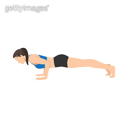 Woman doing Low plank pose Chaturanga dandasana exercise. Flat vector ...