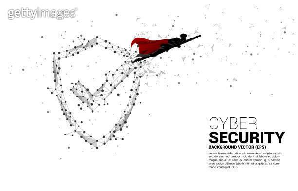 silhouette of superhero fly with Protection shield icon from dot ...