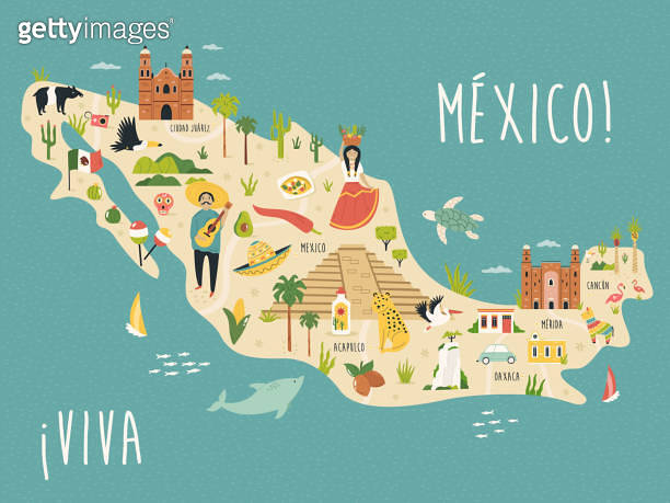 Vector illustration map with famous landmarks, symbols of Mexico ...