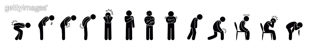 Symptoms of human diseases. People are sick, in pain. Stick figure icon ...