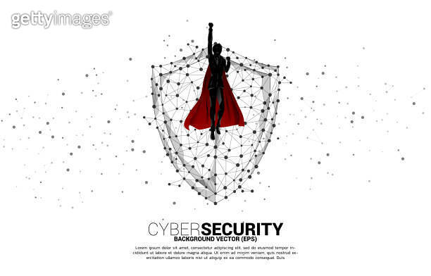 silhouette of superhero fly with Protection shield icon from dot ...