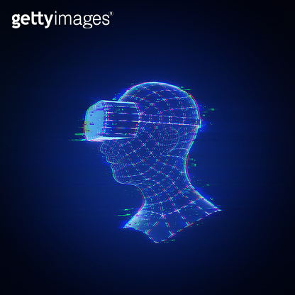 Side view 3D blue wireframe virtual human head wear VR headset with ...