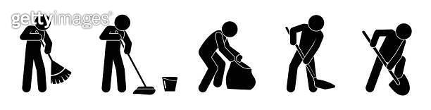 janitor icon, housework, stick figure man washes and sweeps, hand labor ...