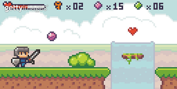 Pixel art style, character in game arcade play vector. Man with sharp ...