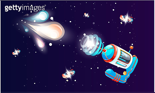 Space game elements. Cartoon luminous shine cosmic objects rotates ...