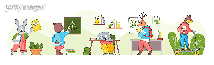 Illustration of animals in a classroom. Collection of cartoon animals ...
