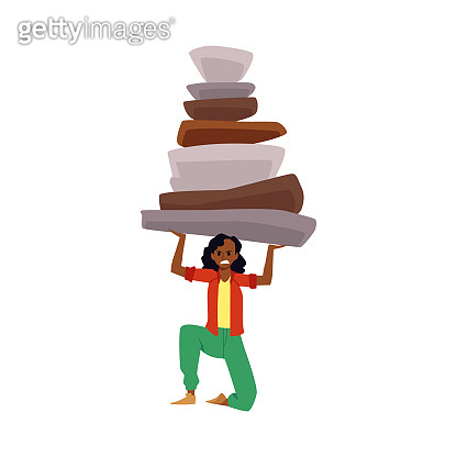 Angry and strong woman carrying abstract heavy life burdens, flat ...