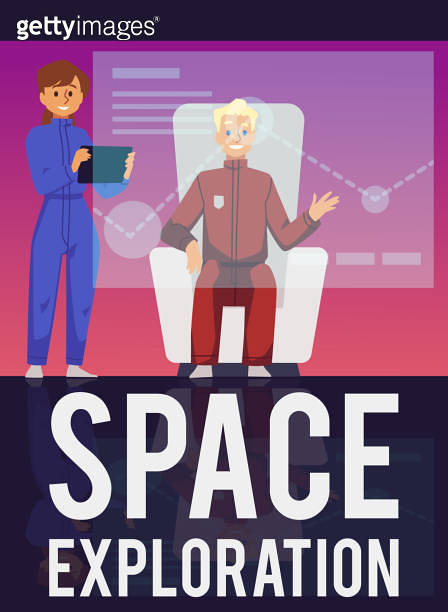 Astronauts exploring space by using hologram control panel, poster ...