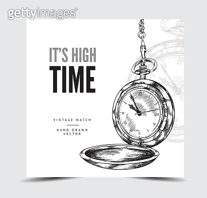 Banner or card with vintage pocket watch engraving vector illustration ...