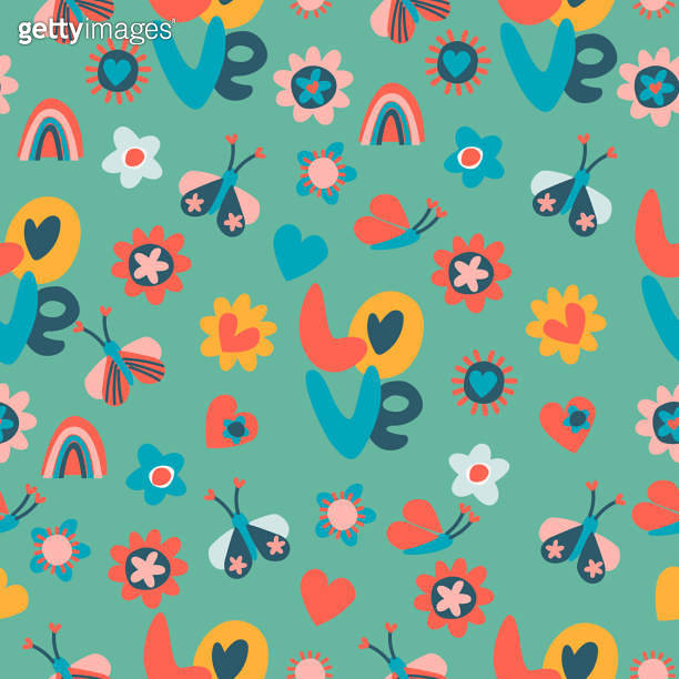 Seamless pattern with words Love, flowers, hearts, butterflies ...