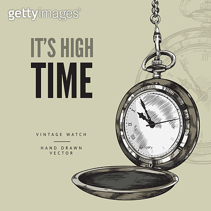 Time banner or card with pocket watch or chronometer, vector ...