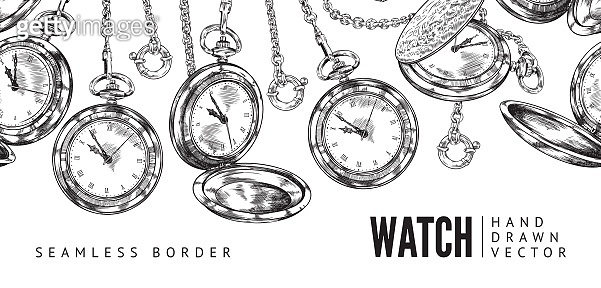 Seamless border with pocket watches, hand drawn vector illustration ...