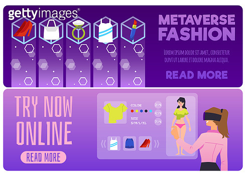 Metaverse fashion and virtual fitting room banners, flat vector ...