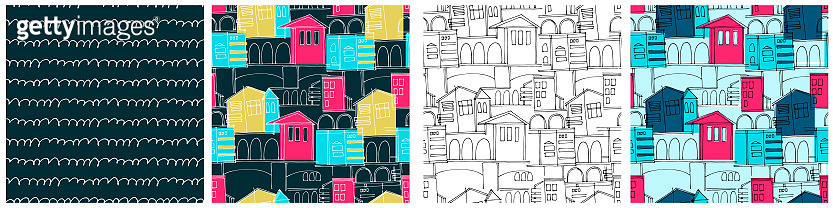 Seamless patterns set, colorful cityscape with historical buildings and ...