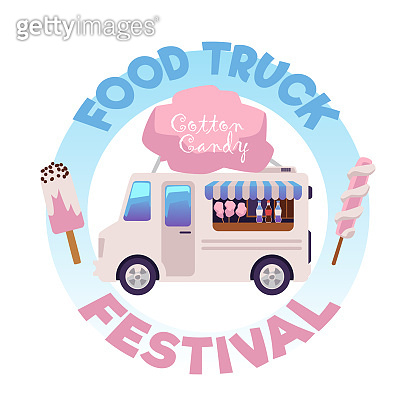 Food truck festival emblem with sweets and cotton candy car, vector ...