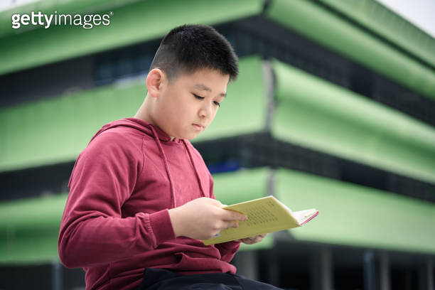 Asian boy sat reading in the garden 이미지 (1369657692) - 게티이미지뱅크