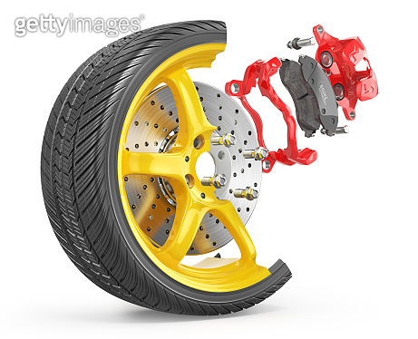 Wheel structure. Car wheel with brake isolated on a white background ...