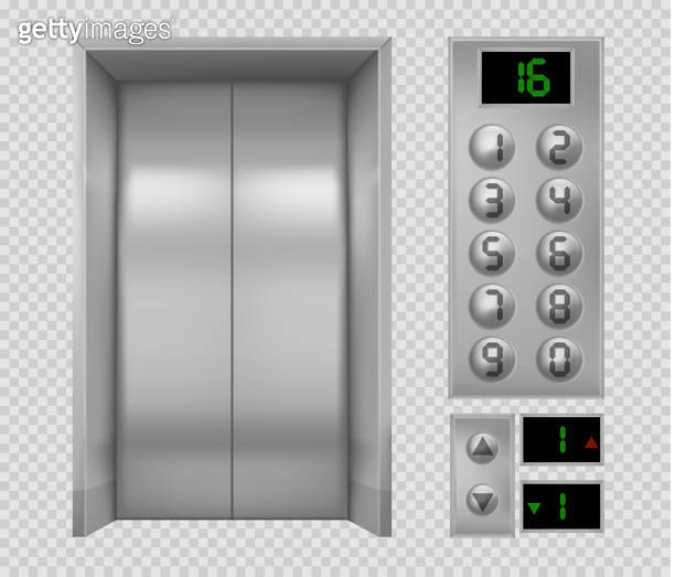 Realistic vector elevator door and buttons, up and down arrows with ...