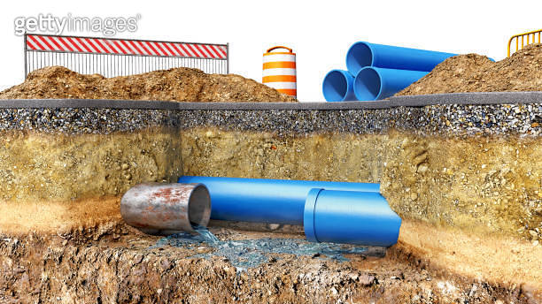 Concept of underground pipes renovation, slice of ground with the ...