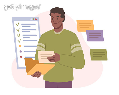 Business project completion, isolated employee working with files and ...