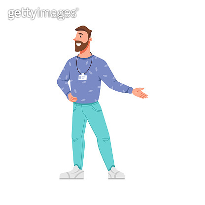 Exhibition guide or businessman with badge on neck pointing aside ...