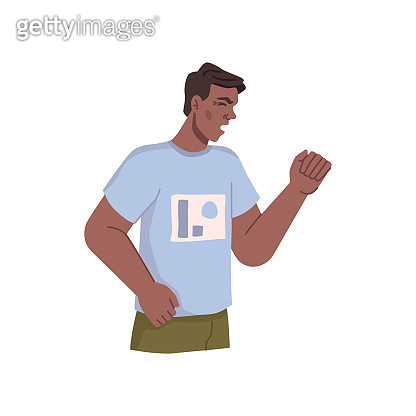 Irritated male personage clenching fist expressing negative emotions of ...