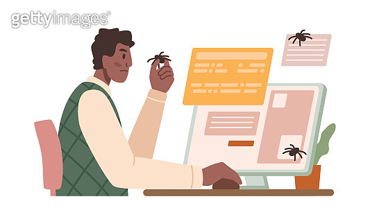 Programmer finding bugs in software, testing and fixing. Male sitting ...