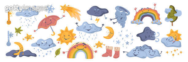 Childish cute weather characters with smiling facial expressions ...