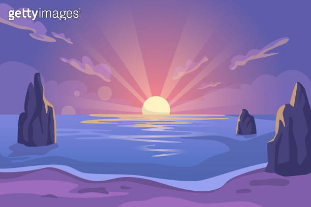 Landscape with sunset or sundown, beach shore with rocks and sand ...