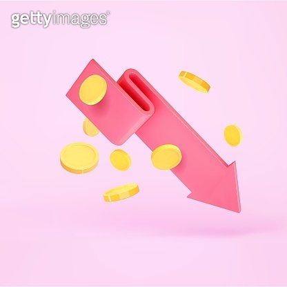 3d render chart arrow and flying coins. Red flexible falling down stock ...