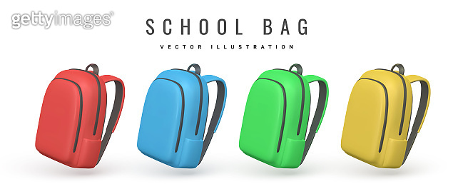 Set of cute cartoon backpacks. 3d realistic school bags. Back to school ...