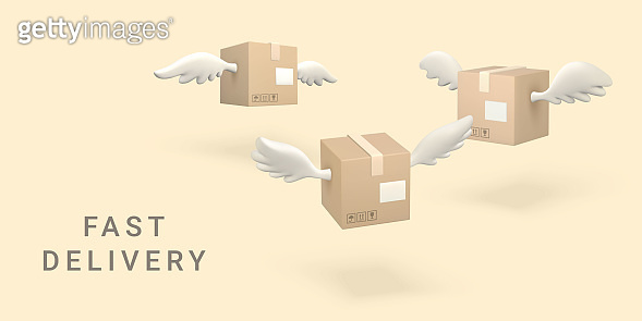 3d flying cardboard box with wings. Carton delivery packaging. Delivery ...