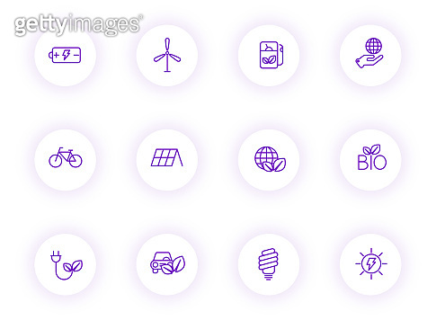 alternative energy purple color outline vector icons on light round ...