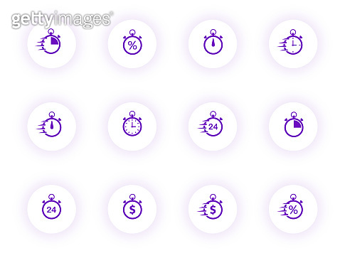 stopwatch purple color vector icons on light round buttons with purple ...