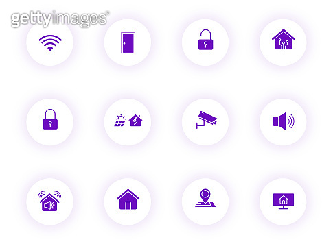 smart home purple color vector icons on light round buttons with purple ...