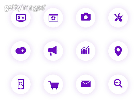 seo purple color vector icons on light round buttons with purple shadow ...