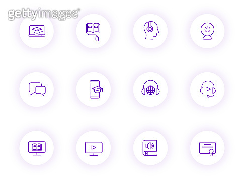 e learning purple color outline vector icons on light round buttons ...